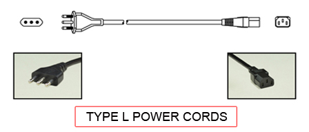 Primary Country known for using TYPE L power cords is Italy.